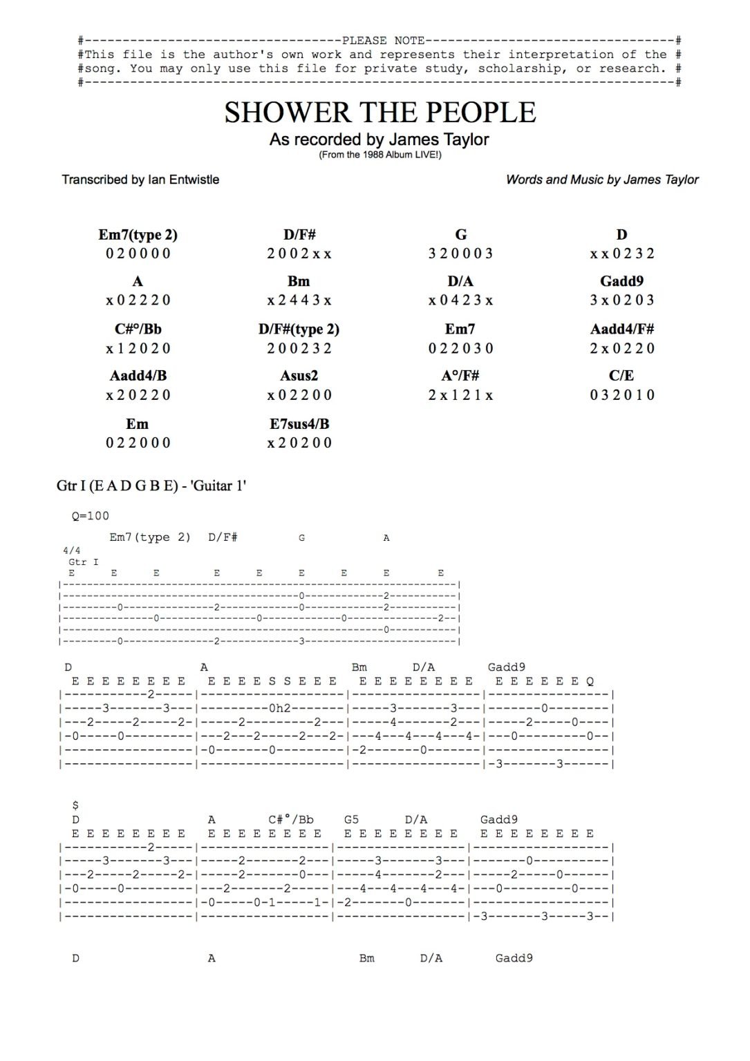 Shower The People guitar tab - The Songs Of James Taylor
