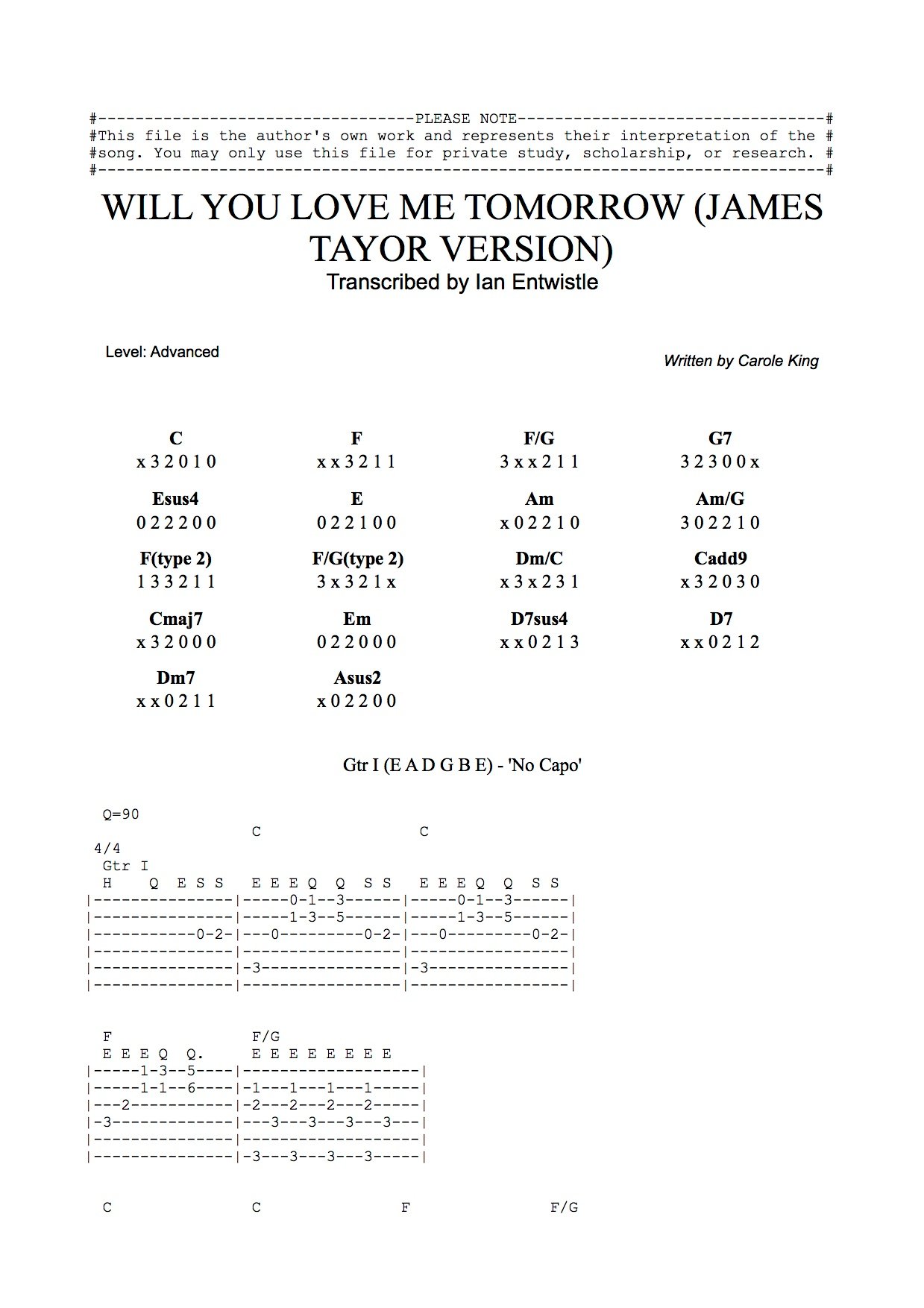 Will You Love Me Tomorrow guitar tab - The Songs Of James Taylor